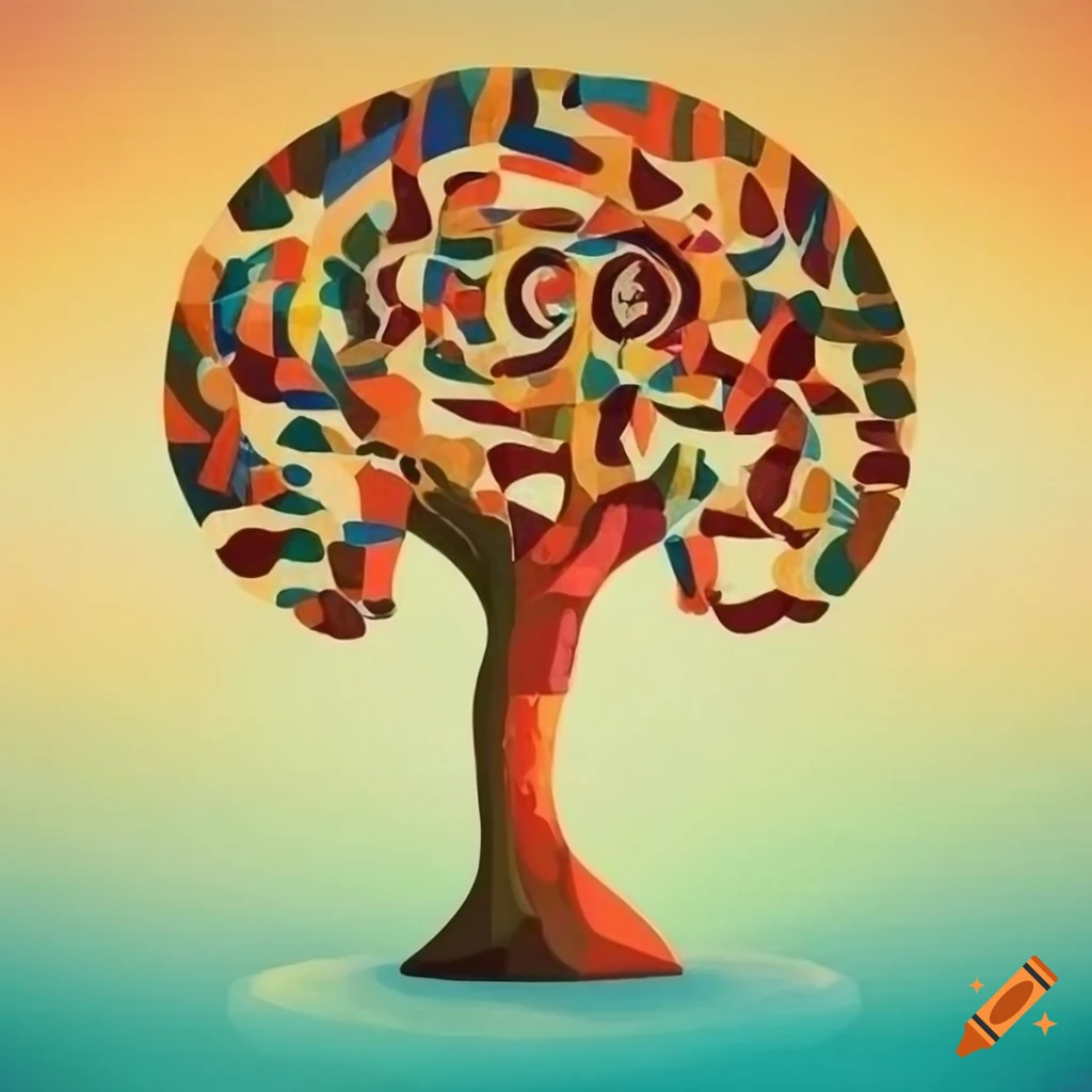 Patchwork-style illustration of a tree of life on Craiyon