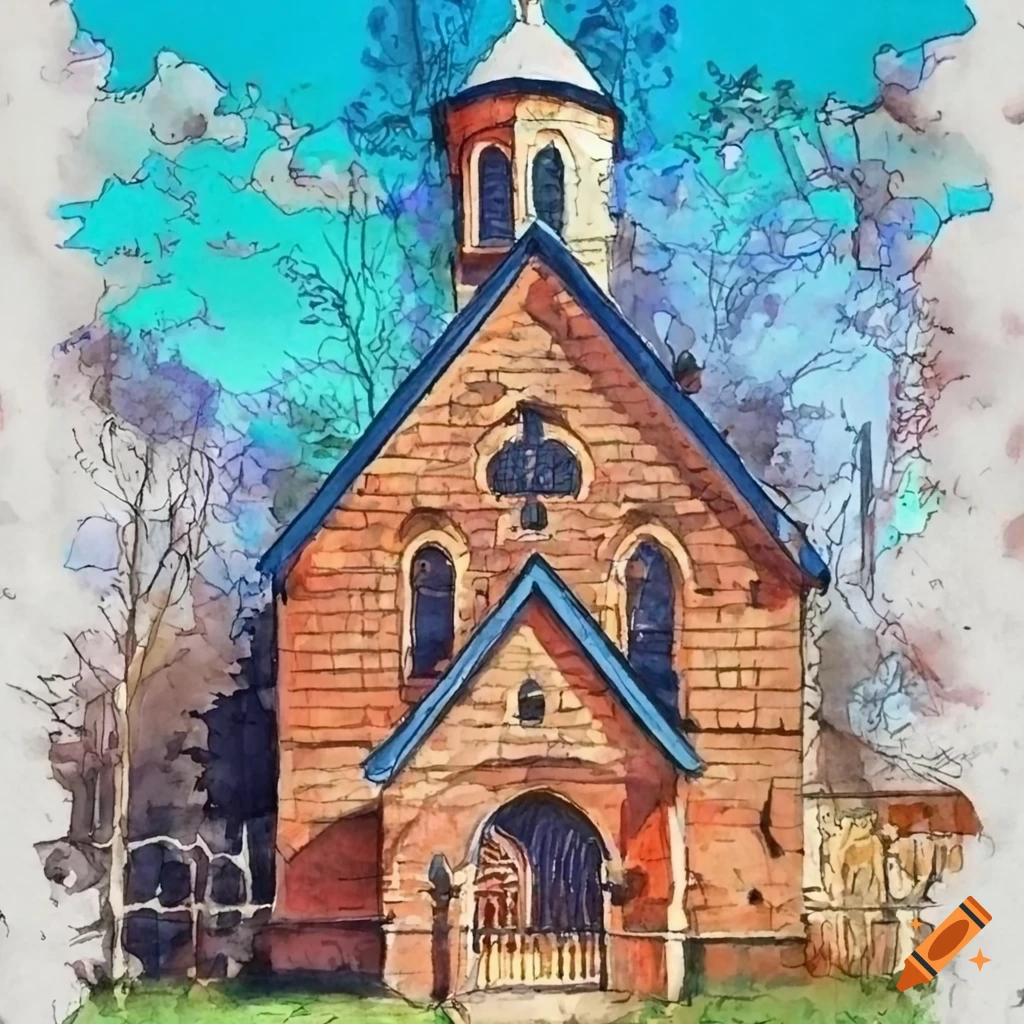 Watercolor of a beige brick church under a blue sky on Craiyon