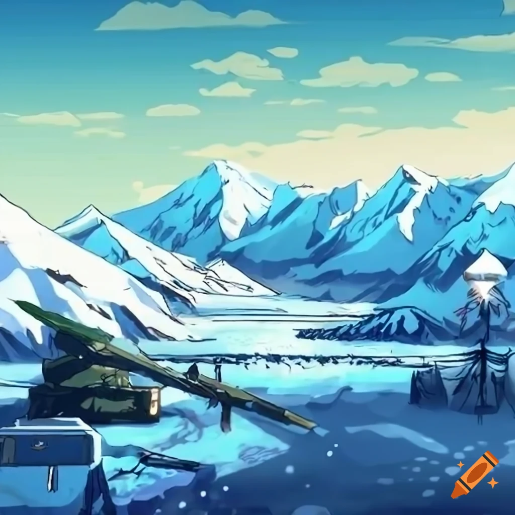 Anime snowy mountains with military base in background on Craiyon