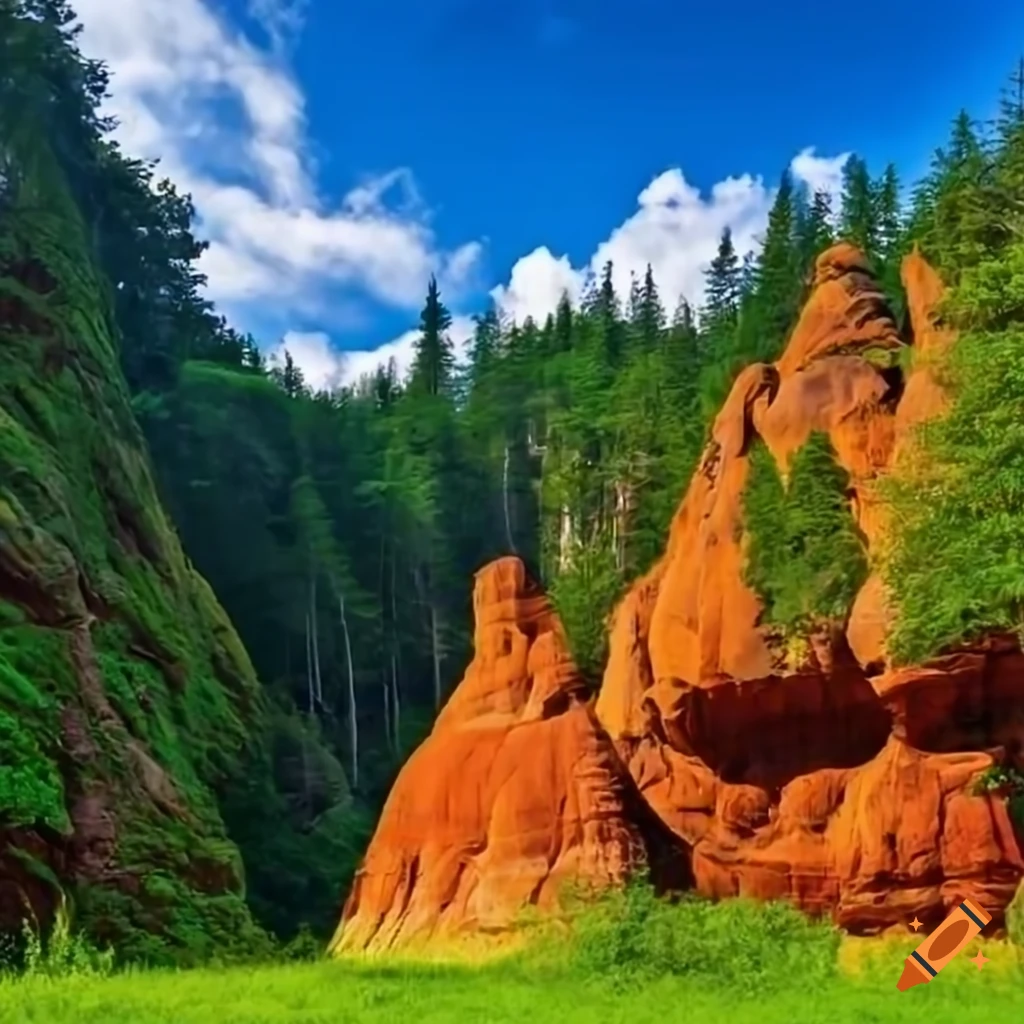 Sprawling forest landscape with rock formations and vibrant colors on ...