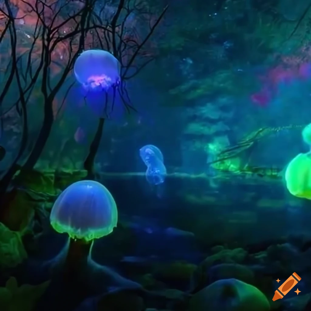 Alien planet with glowing rivers, mystical statues, and purple plants ...