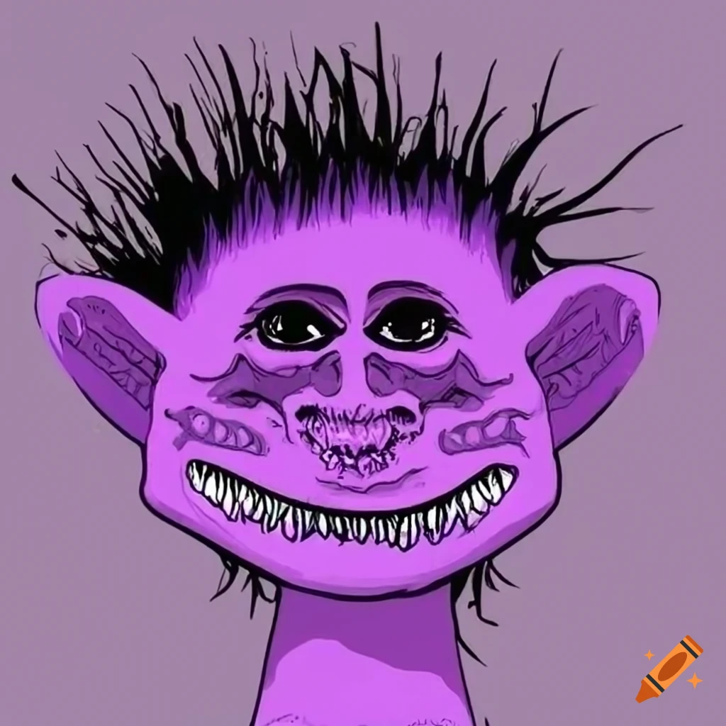Creepy troll in black and purple line style on Craiyon