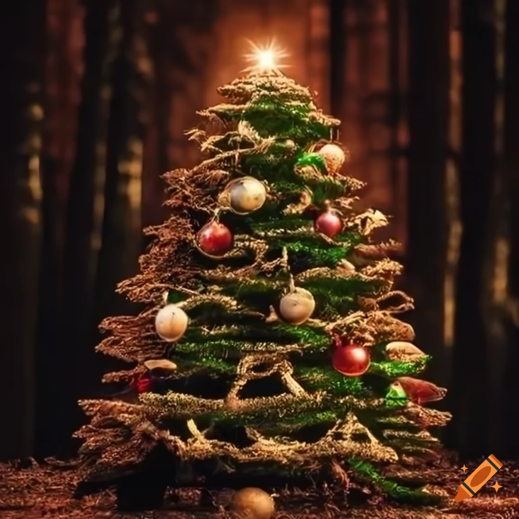 Decorated christmas tree in the forest on Craiyon