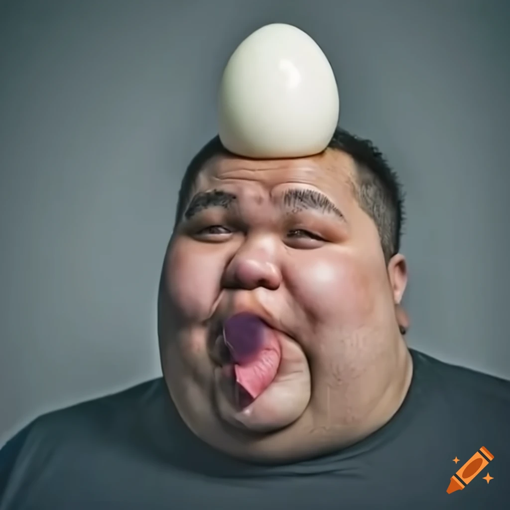 Chubby man with pinky finger in his mouth and an egg on his head on Craiyon