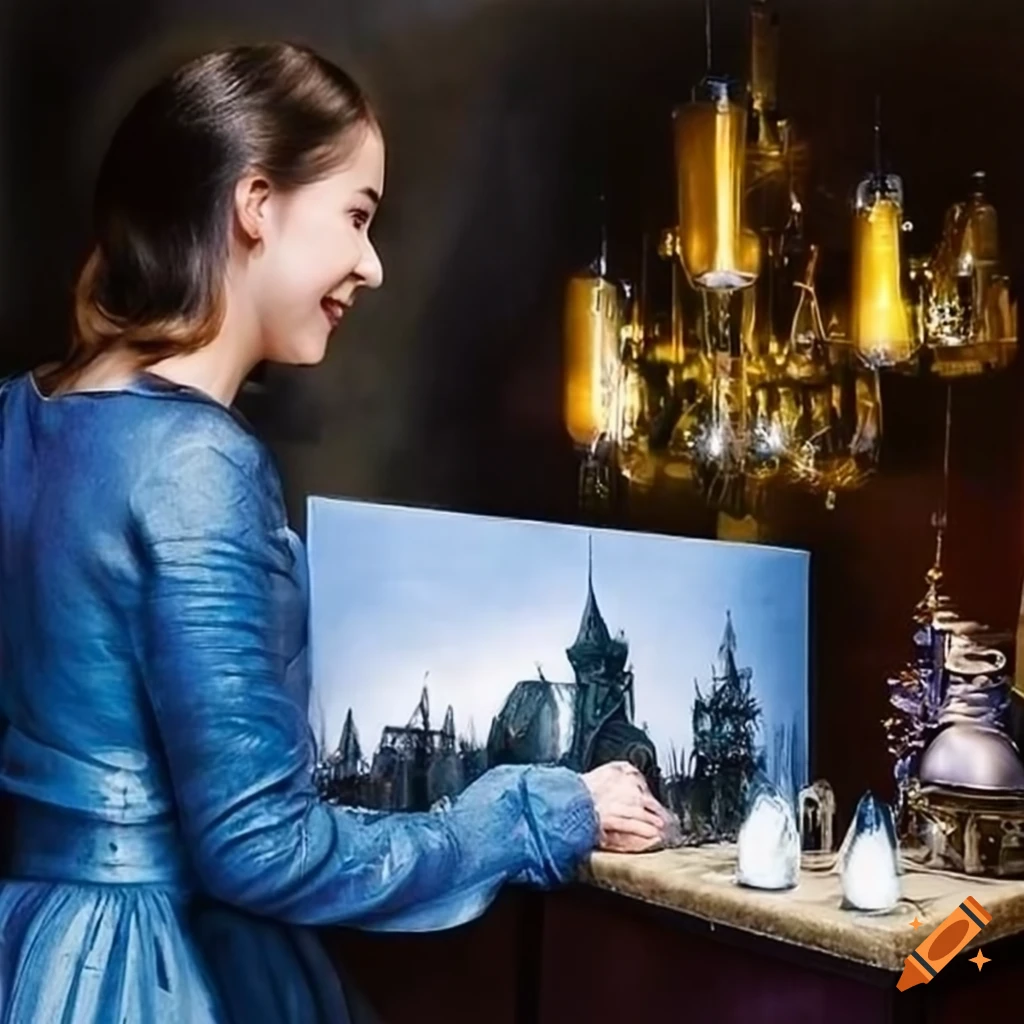 Hyperrealistic drawing of a mesmerizing woman in an enchanted shoe shop ...