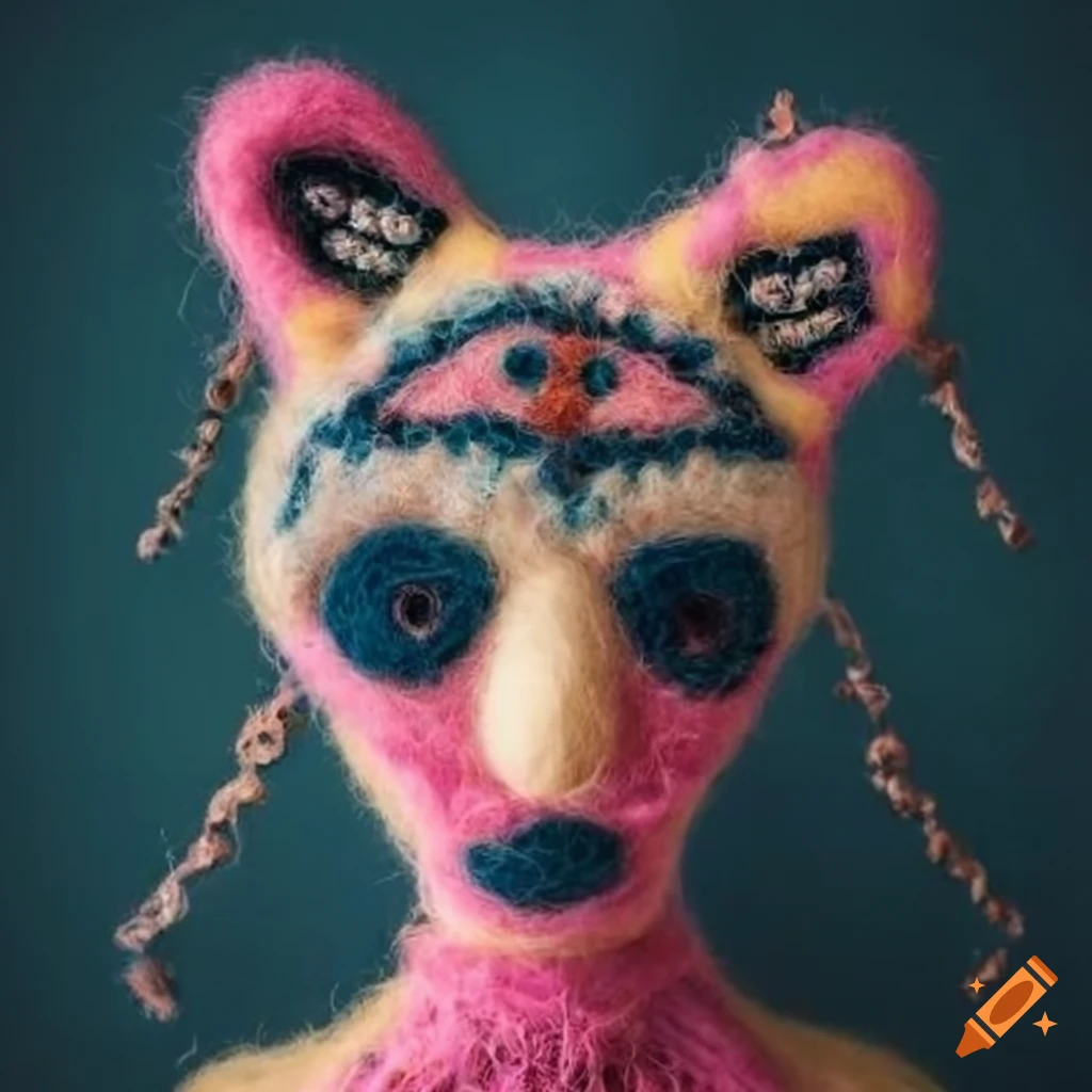 Felted wall creatures in intricate tribal outfits on a patterned ...