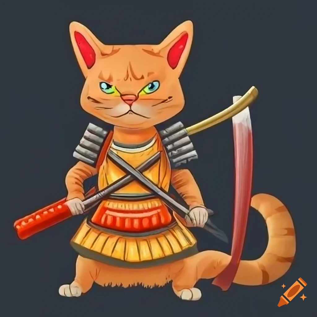 Cartoon orange samurai cat on Craiyon