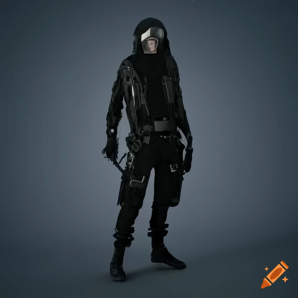 Male Japanese cyber-punk net runner in futuristic police uniform with ...