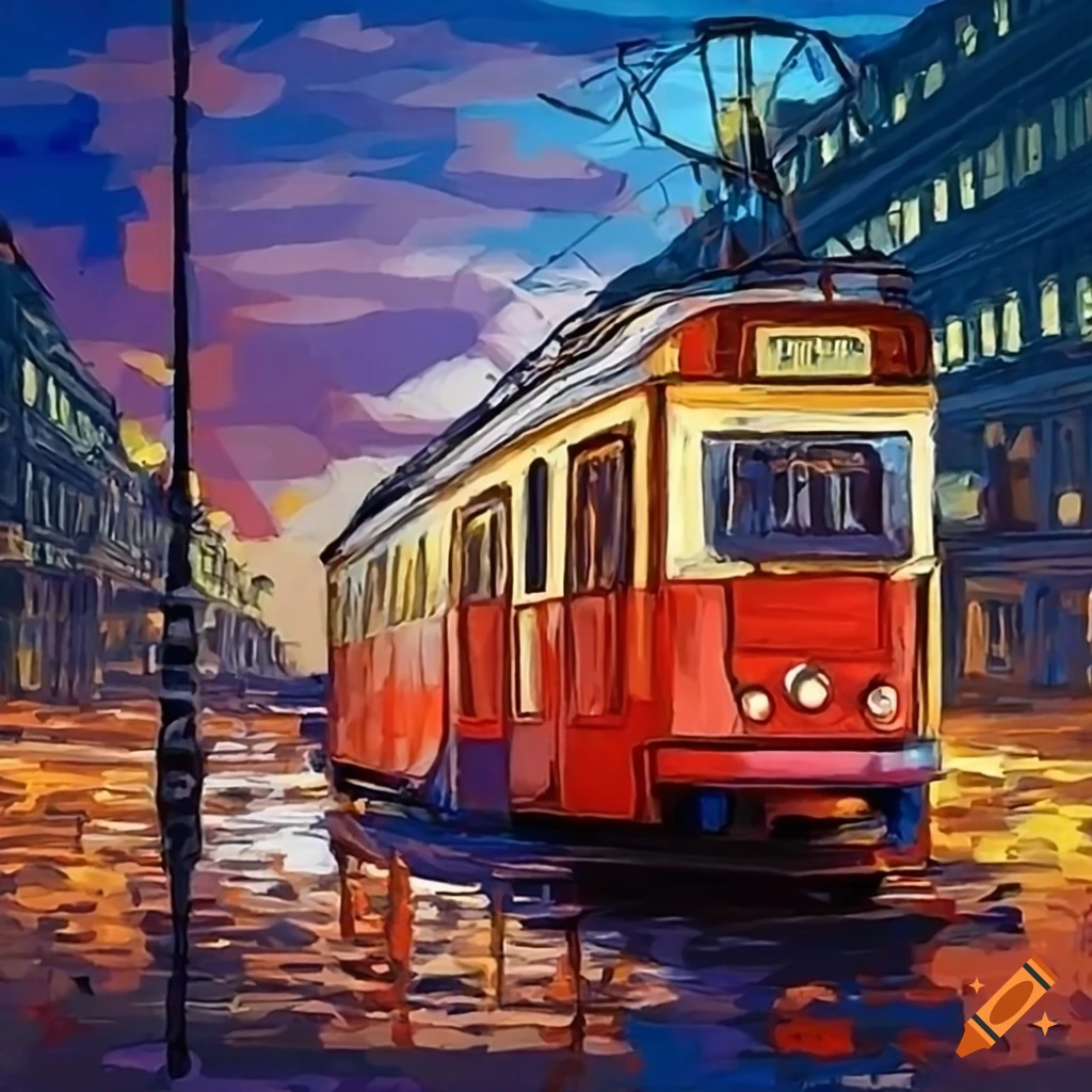 Oil painting of a tram in Saint Petersburg with city background and ...