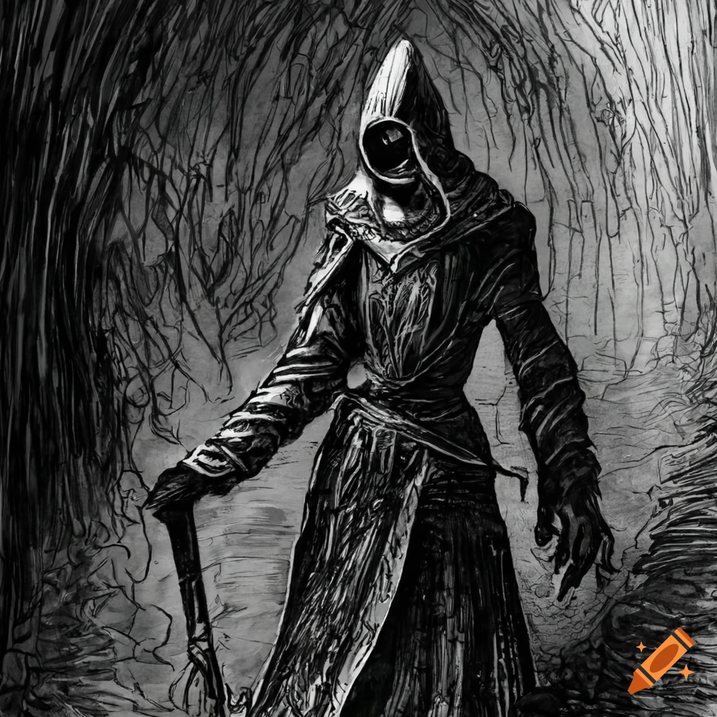 Detailed ink drawing of a clothed menacing figure in medieval fantasy ...