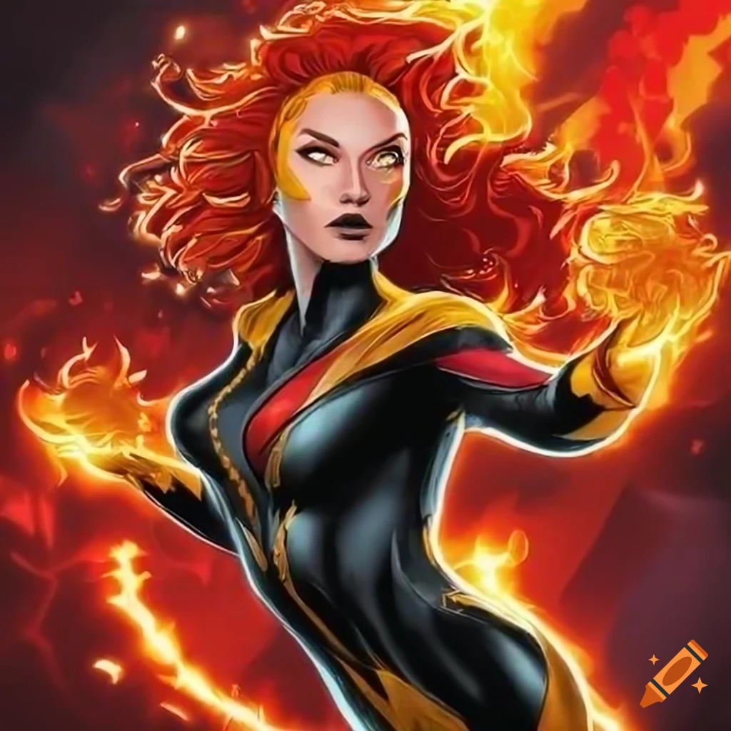 Marvel phoenix with intricate fire-themed costume and large gems on Craiyon