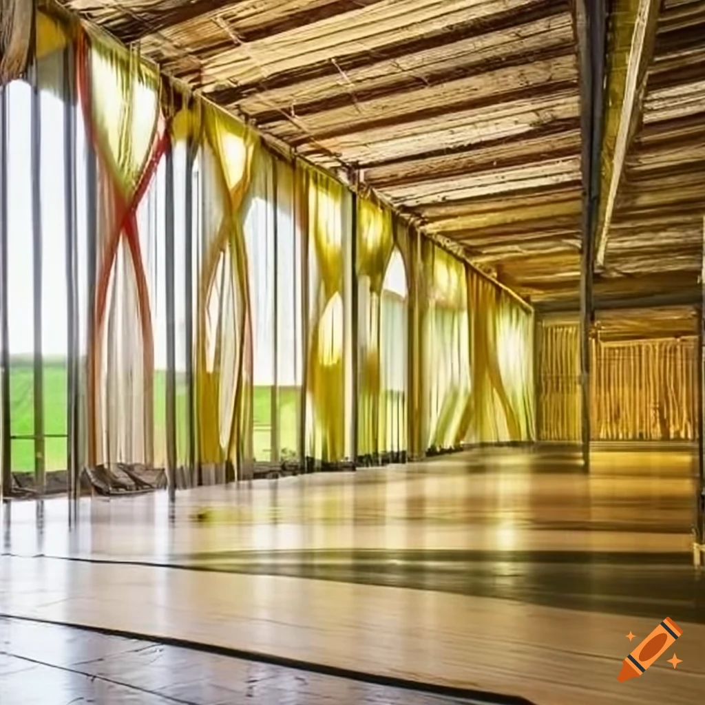 Vast textile industrial warehouse with geometric architecture and ...