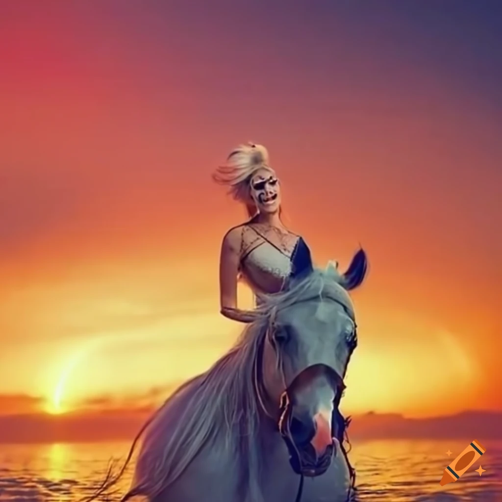 Lady Gaga riding a horse into the sunset on Craiyon