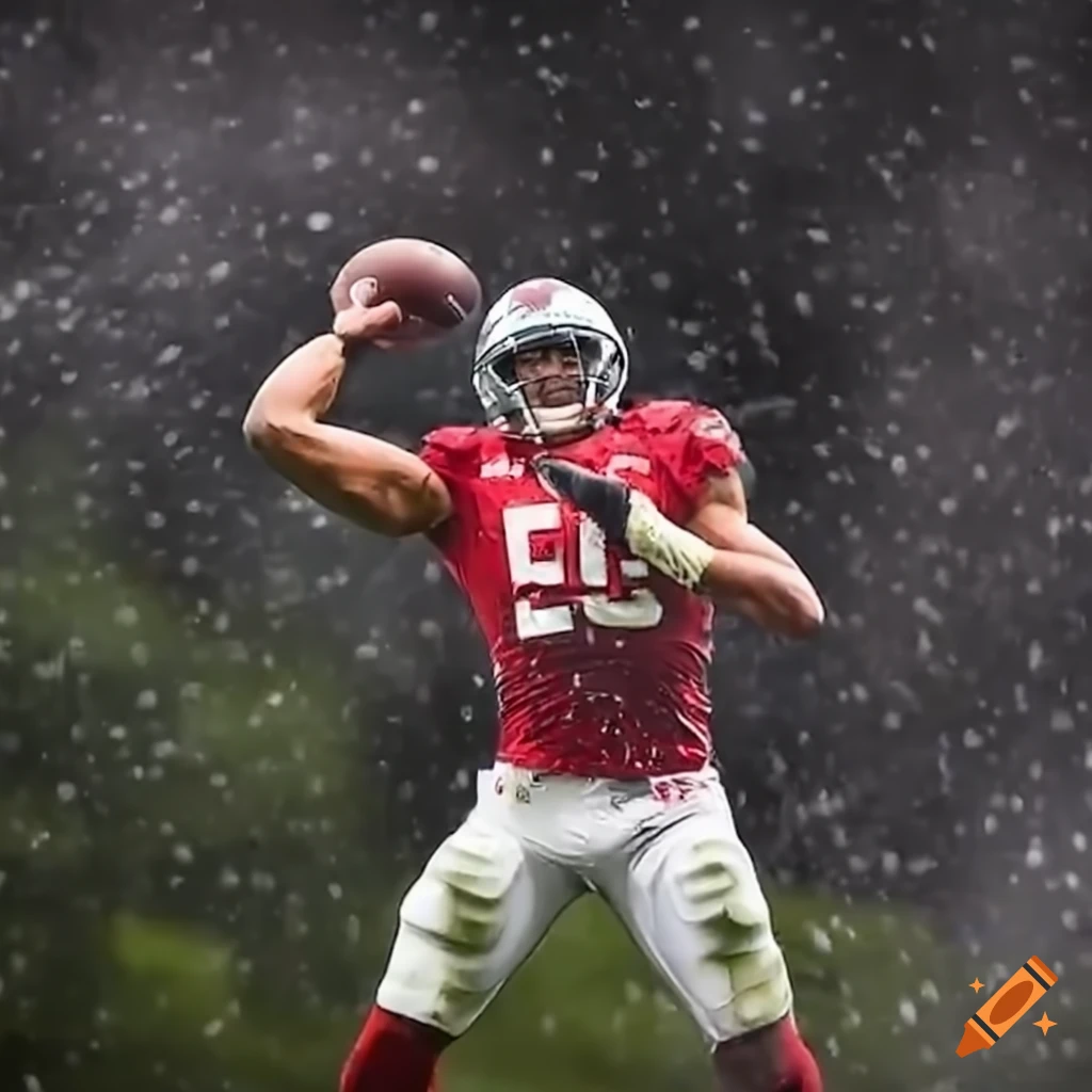 Nfl player c.j. stroud throwing a football in stormy weather on Craiyon