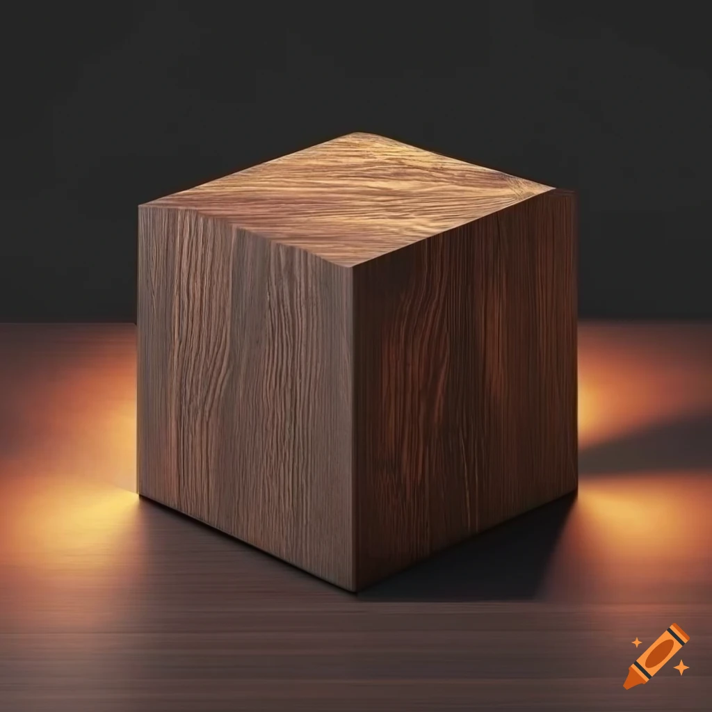 Dark wooden textured cube on surface with realistic lighting and sharp ...