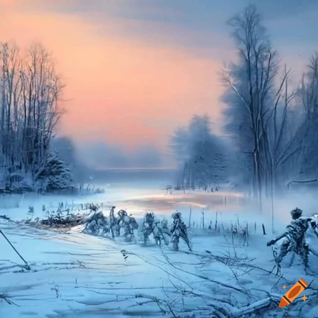 Snow-covered battlefield in winter on Craiyon