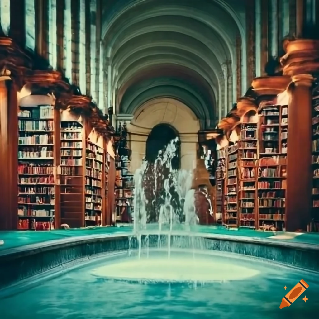 Indoor modern library with a fountain and jumping salmon in vintage ...