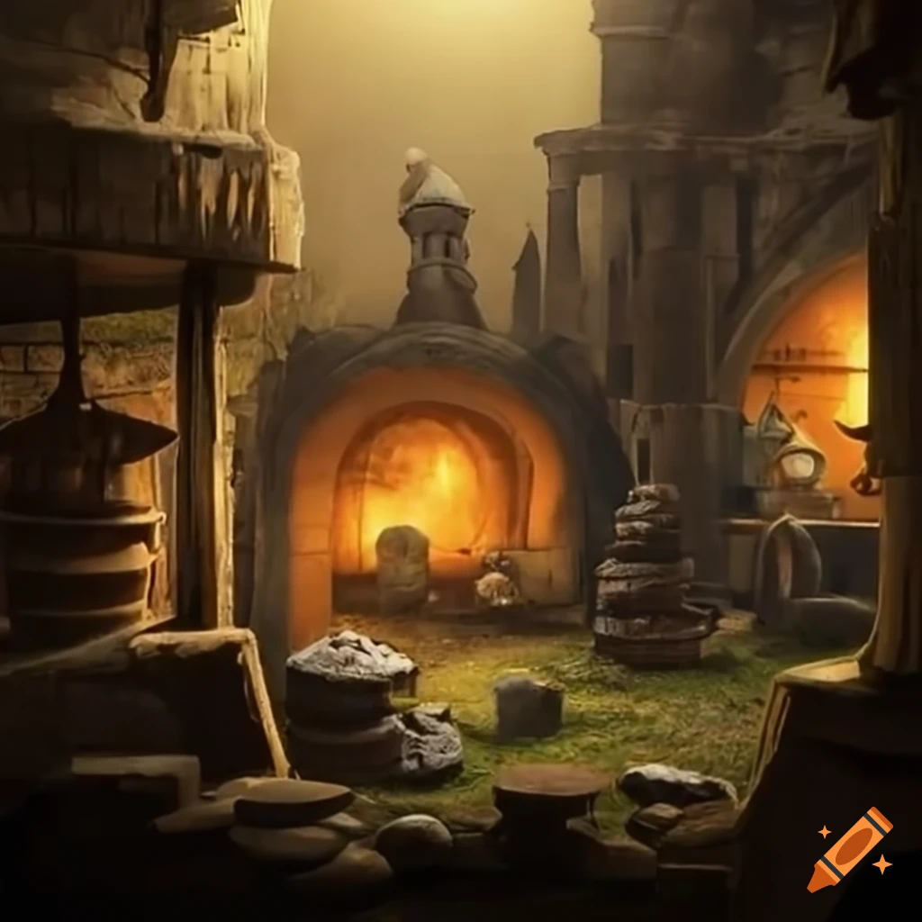 A panoramic view of a multi-level medieval factory full of mechanical ...