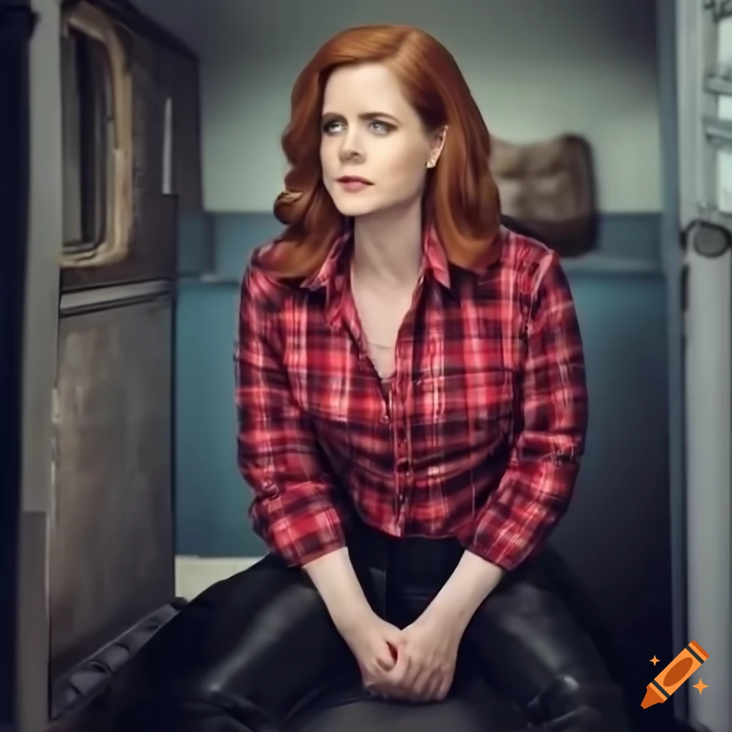 Young woman in red plaid shirt and black leather trousers sitting in a caravan trailer and ...