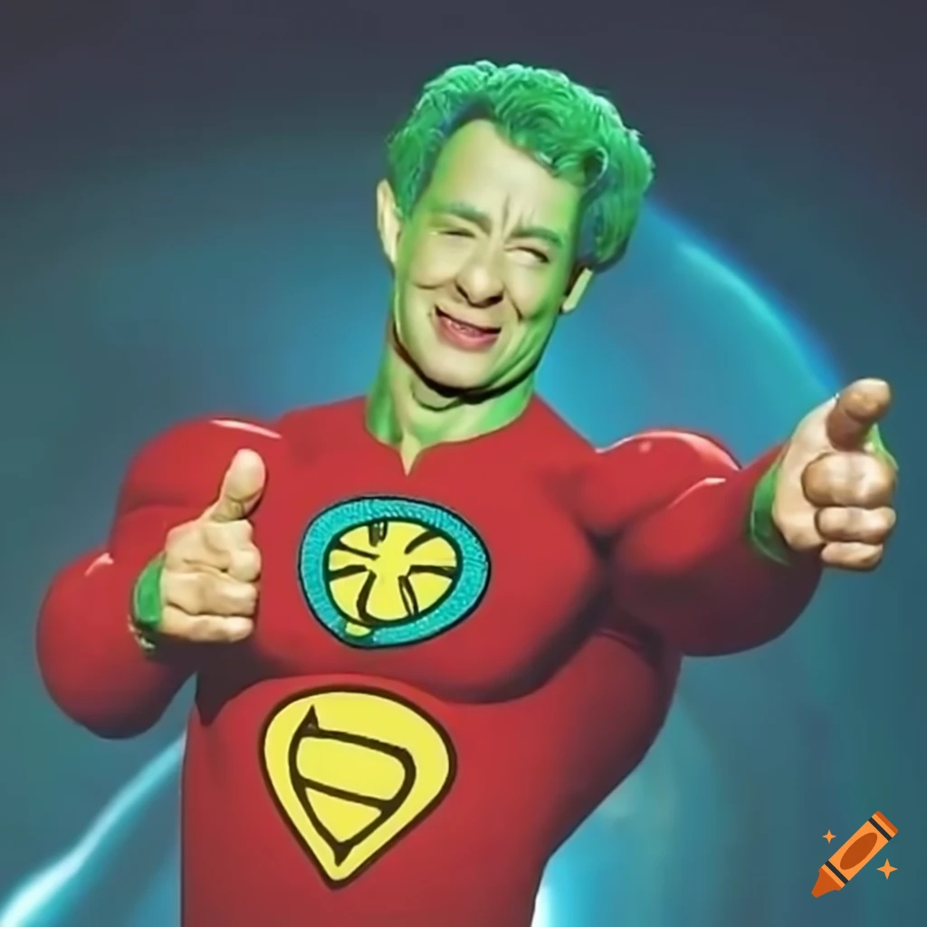 Tom hanks portraying captain planet with a heroic pose on Craiyon