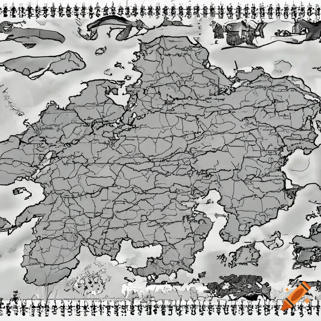 Aerial view of a kingdom map with seven territories on Craiyon