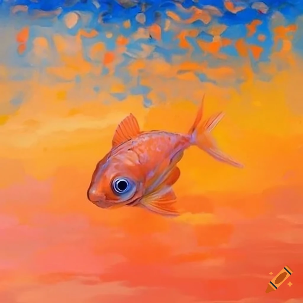 Orange fish swimming in a cozy oil painting with blue and orange colors ...