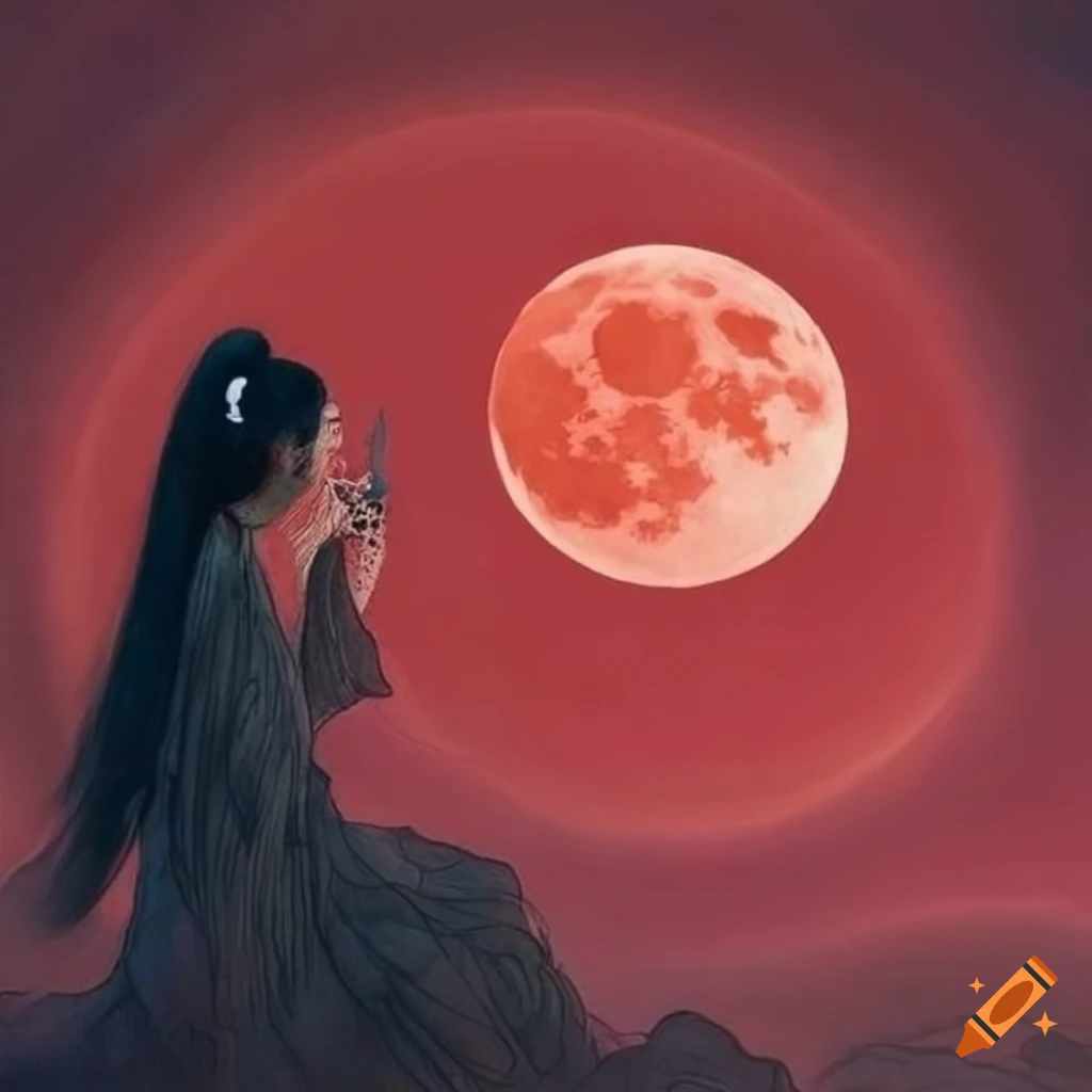 Red moon artwork in traditional chinese ink with a woman on Craiyon