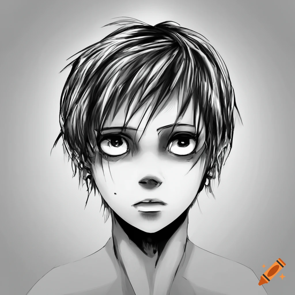 Manga-style black and white human face artwork on white background on ...