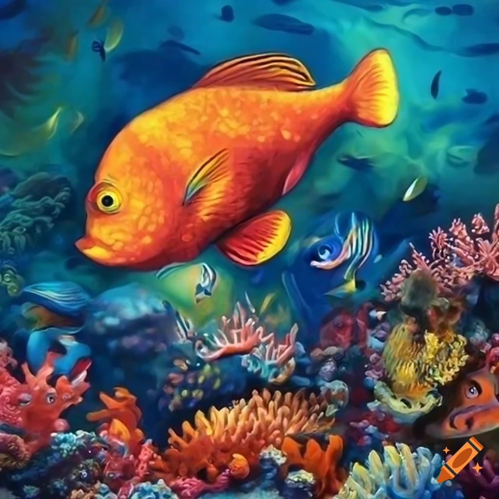 Loner orange fish in a colorful coral reef with mythical creatures in ...