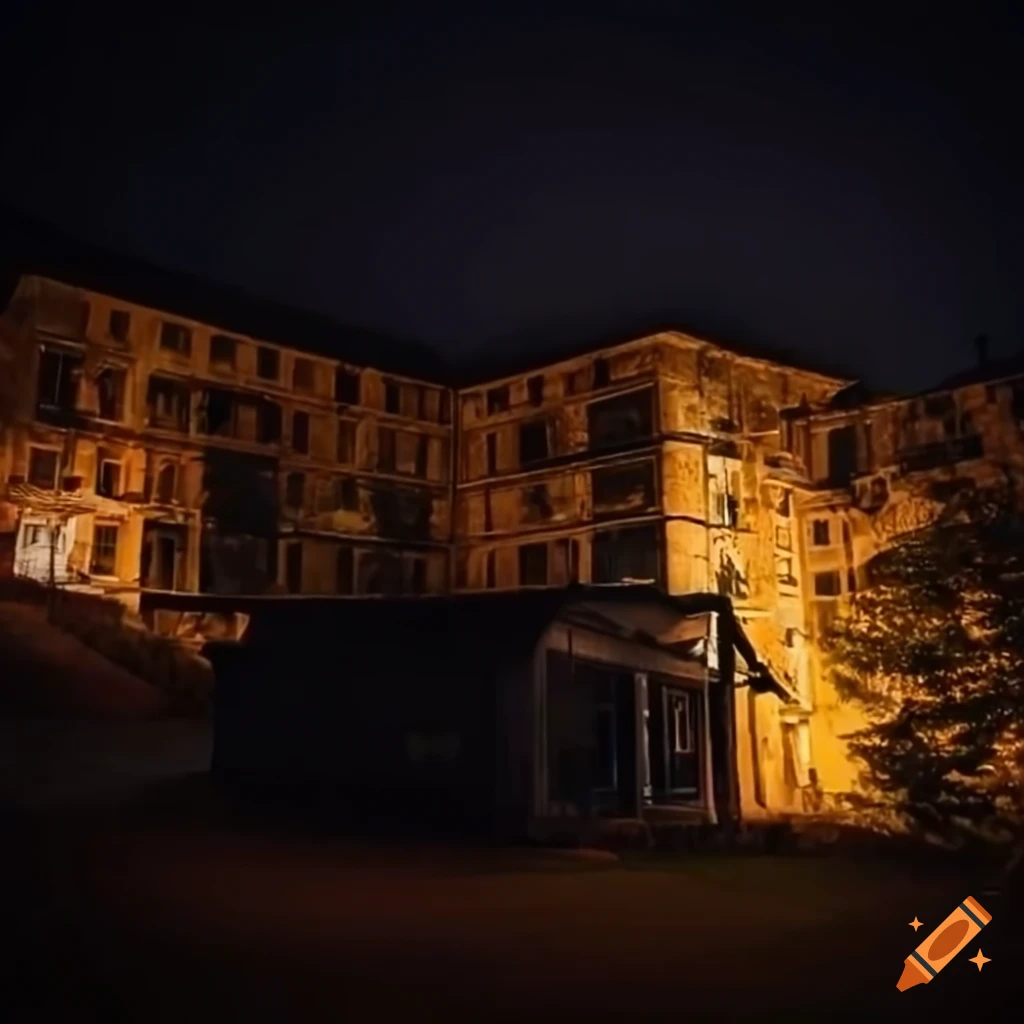 Night view of a resort hostel in the mountains on Craiyon