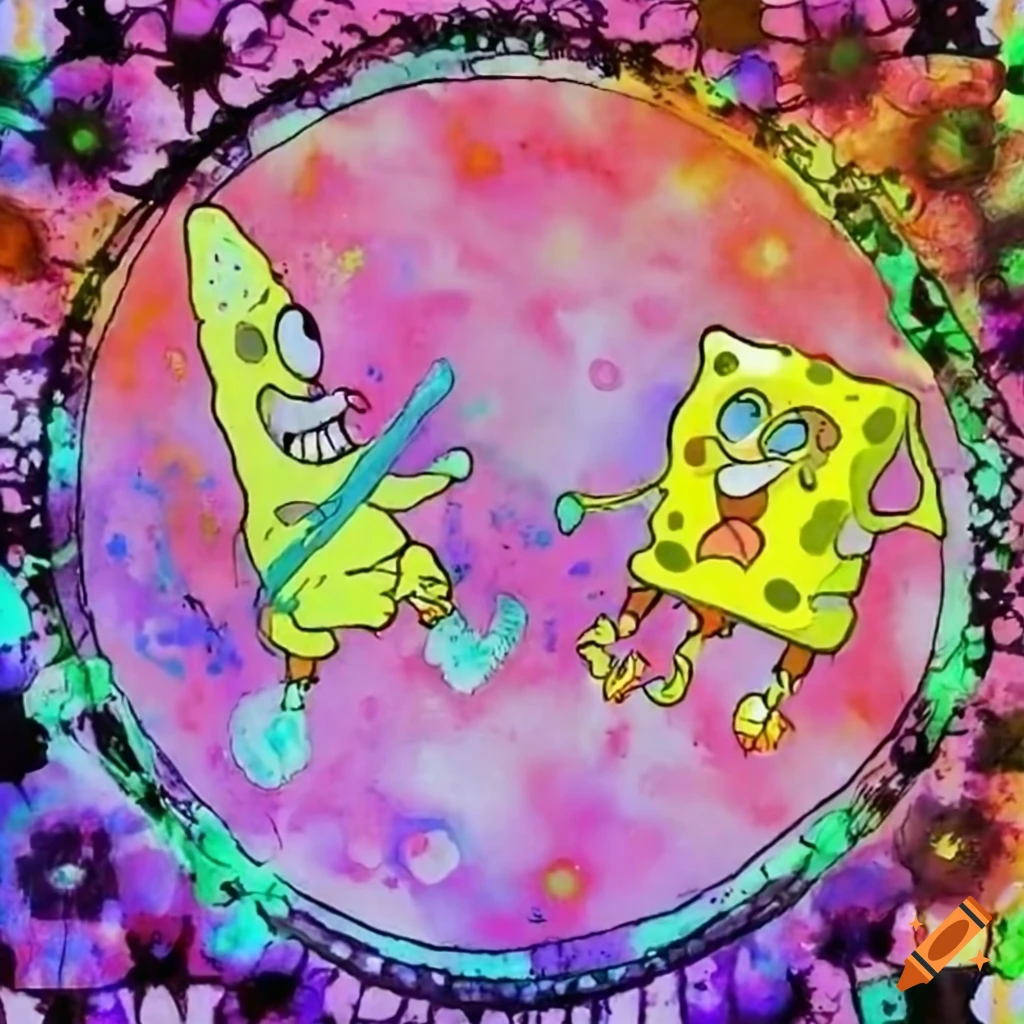 Psychedelic watercolor of spongebob & patrick star dancing with a ...