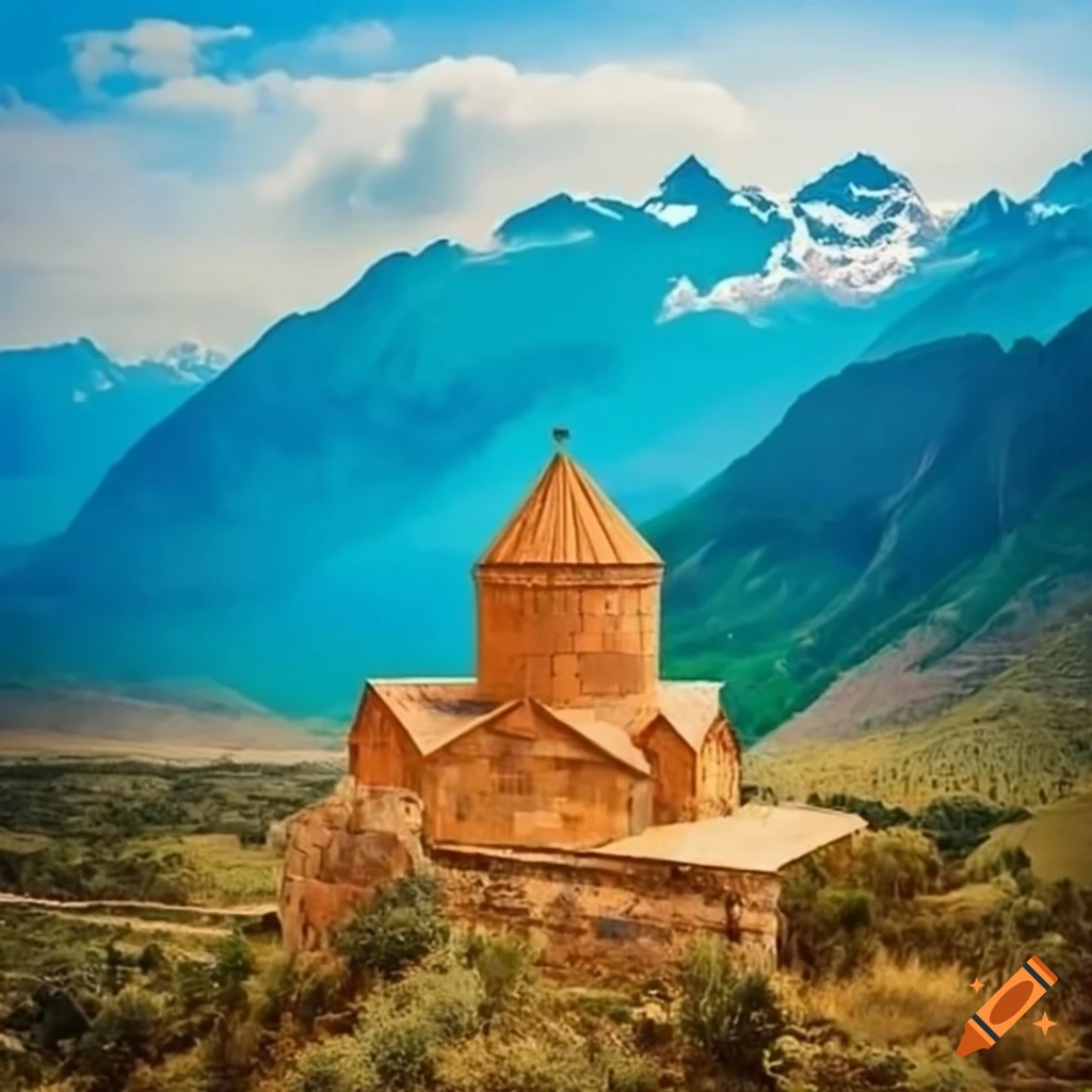 Armenian monastery surrounded by turquoise waters and cloudy mountains ...