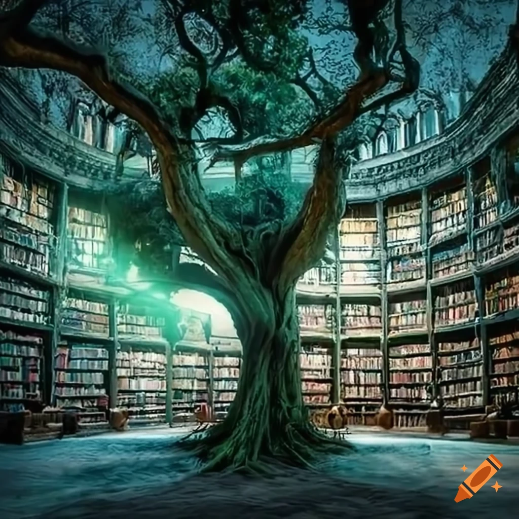 Old tree in a grand fantasy library on Craiyon