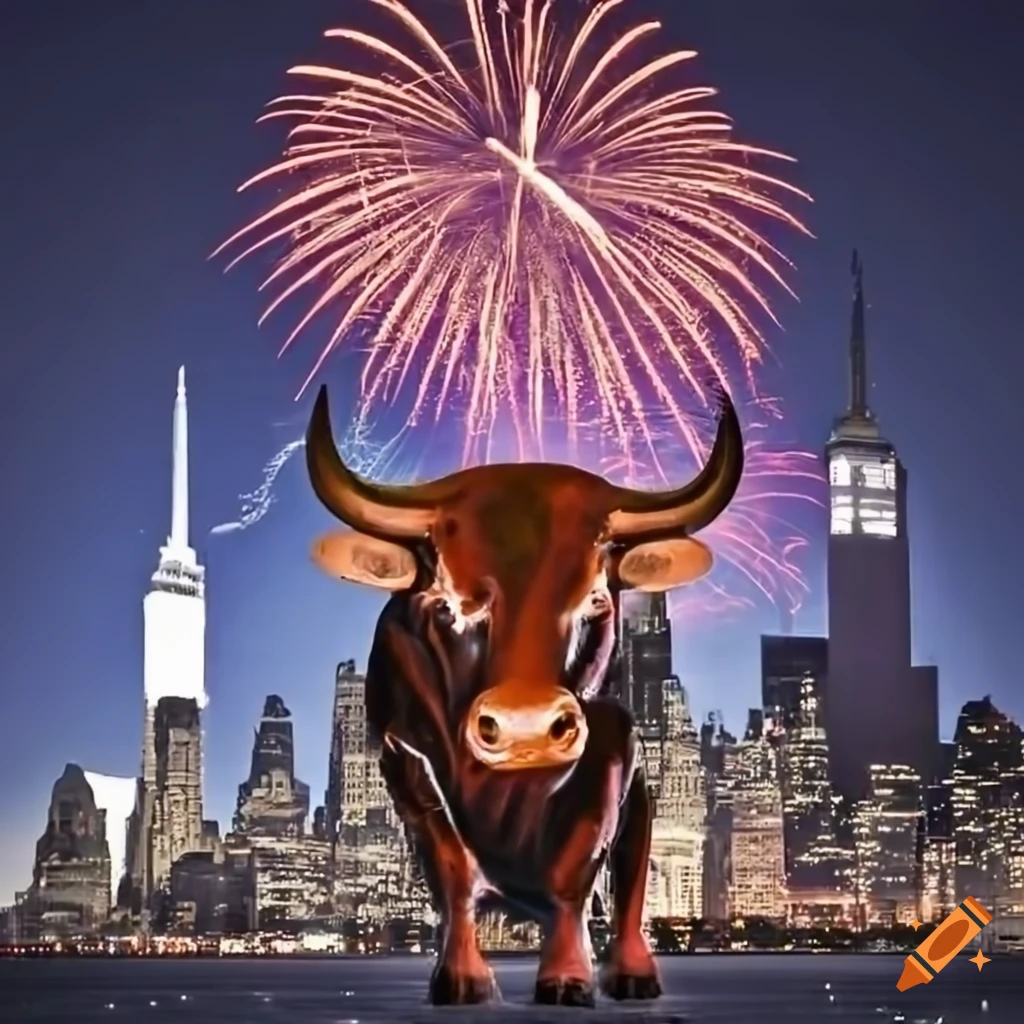 Happy bull with New York City skyline and New Year fireworks on Craiyon
