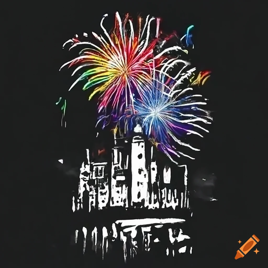 Colorful new year's firework over a unique city, illustrated by banksy ...