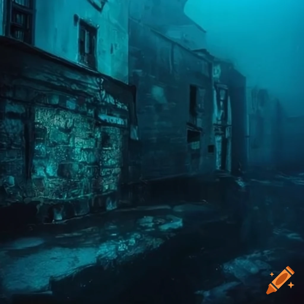 Underwater street scene in a unique urban setting on Craiyon