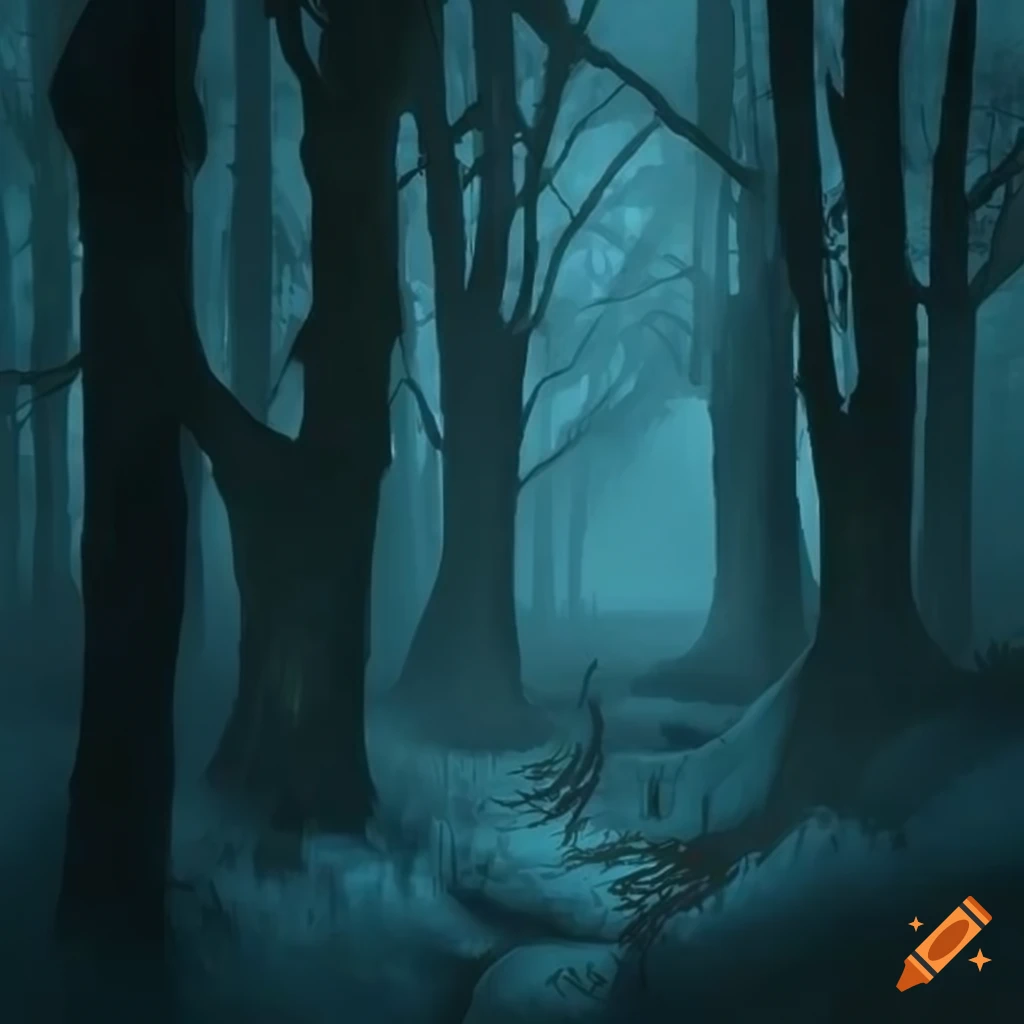View of a blue oak forest path in witcher style from a distance on Craiyon