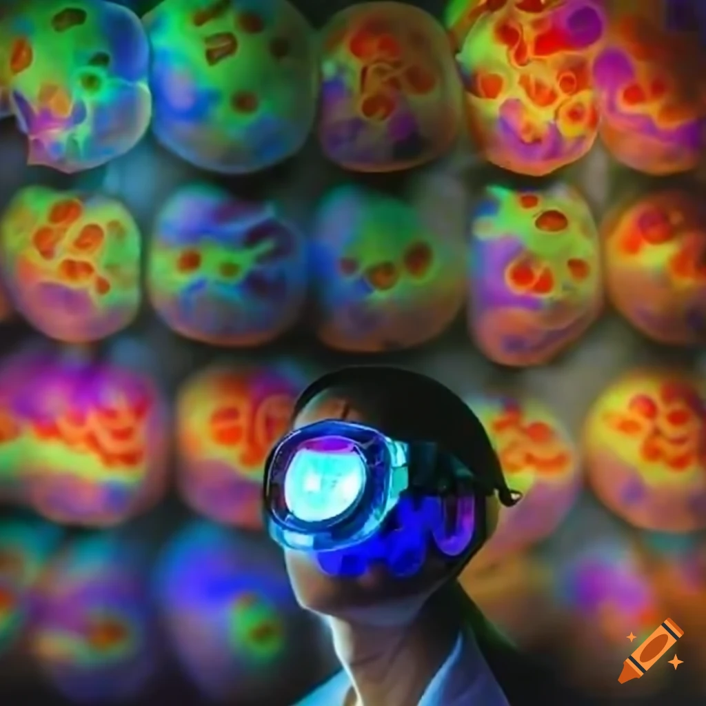 Mysterious scientist surrounded by rainbow mushrooms and wearing futuristic goggles on Craiyon