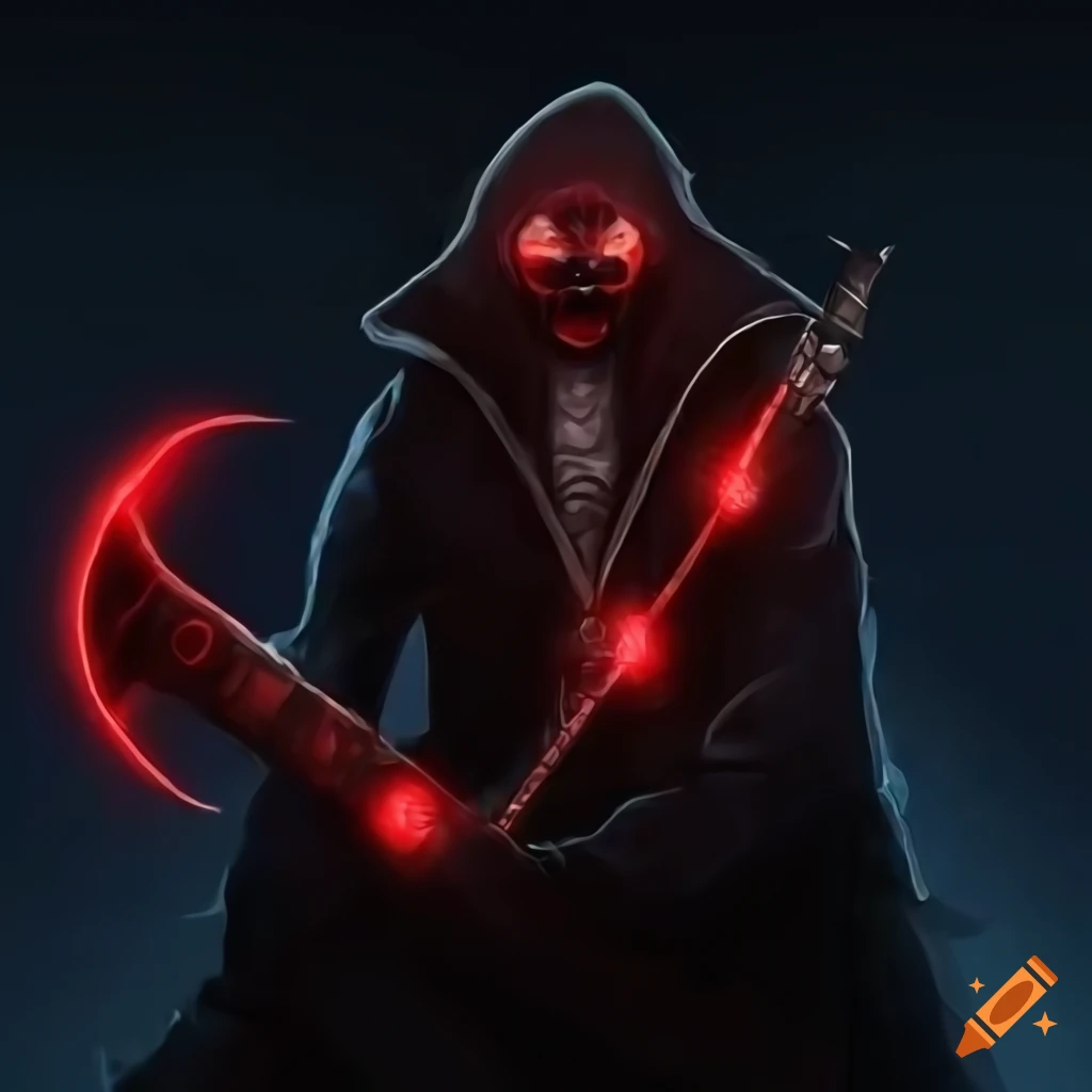 Wolf with glowing red eyes wearing a hacker jacket with a scythe on its ...