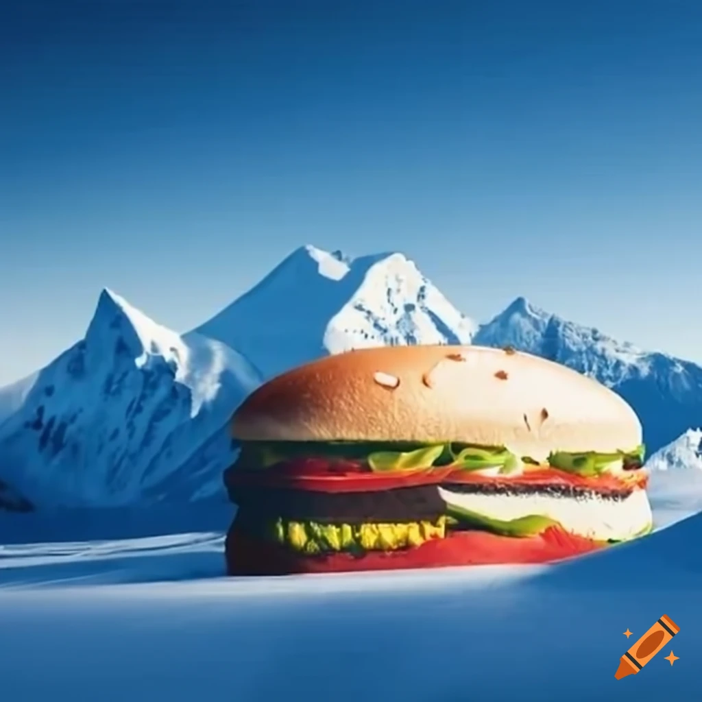 Cheeseburger on snow ski mountain on Craiyon