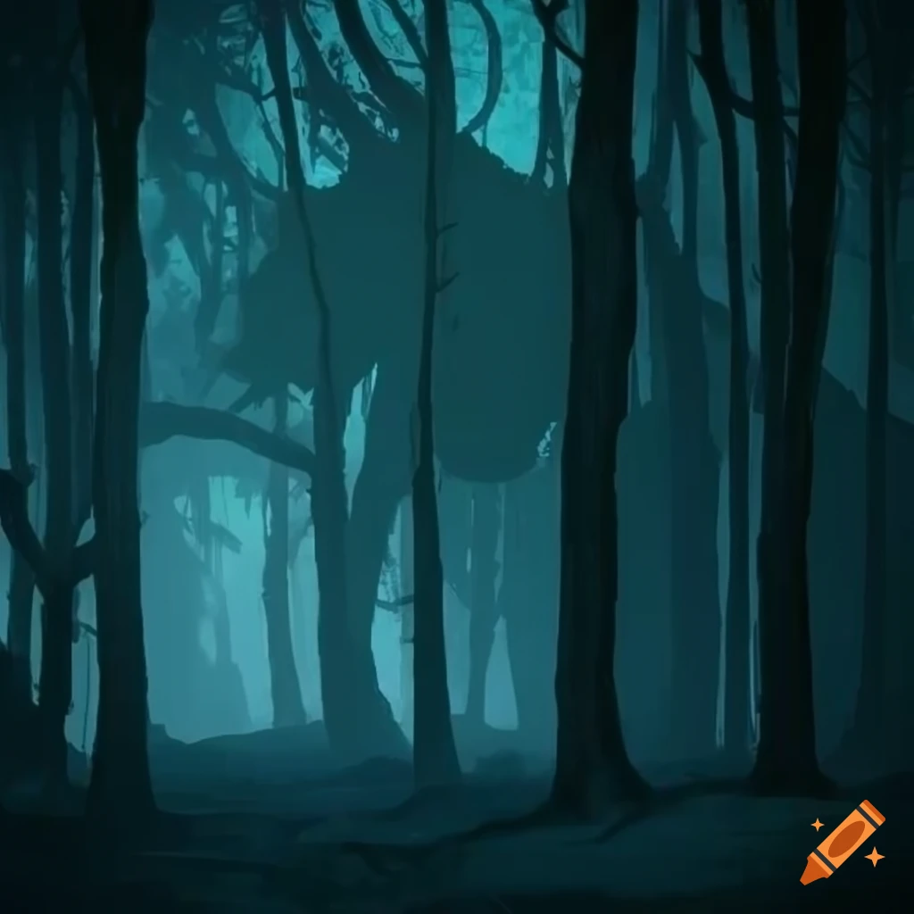 Blue oak forest path in witcher style, top of the trees in the distance ...