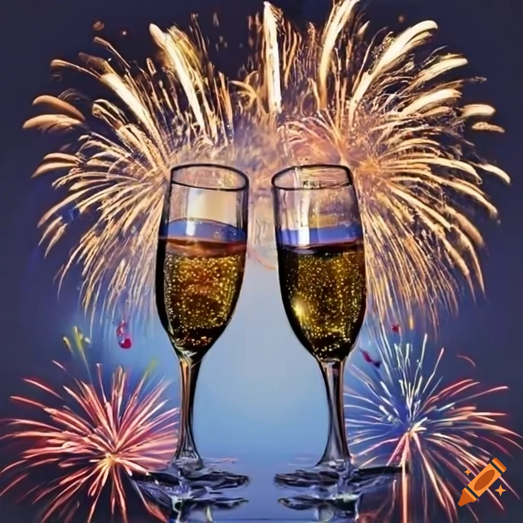Happy new year poster with fireworks and champagne glasses in monet ...