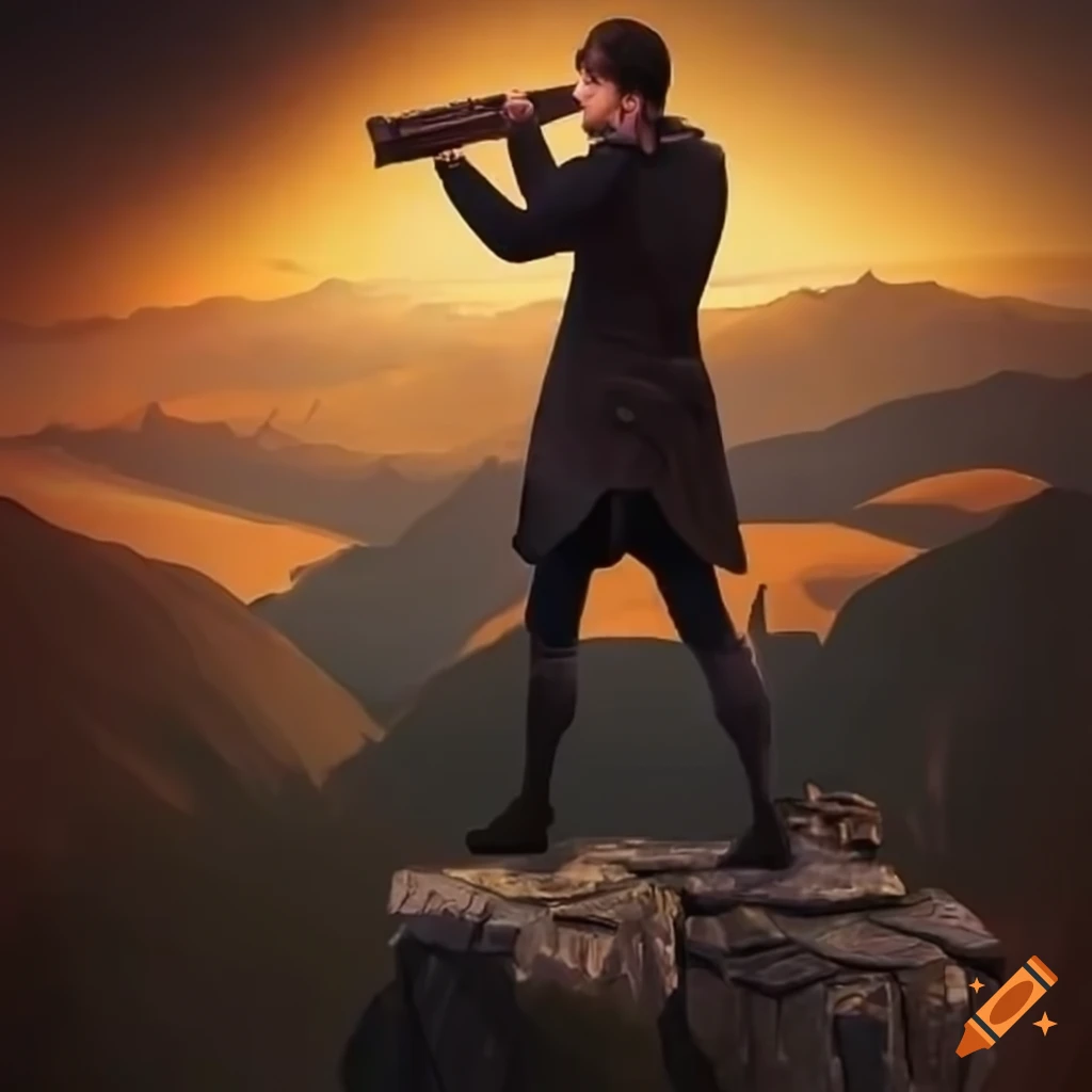 Tall hero using a spyglass to view panoramic landscape on Craiyon