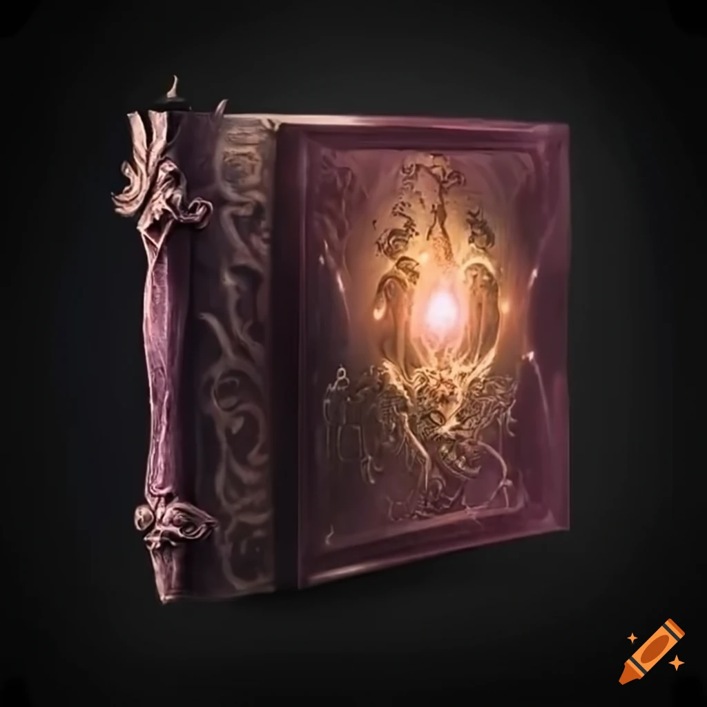 Fantasy magic tome book on black background with white glow on Craiyon
