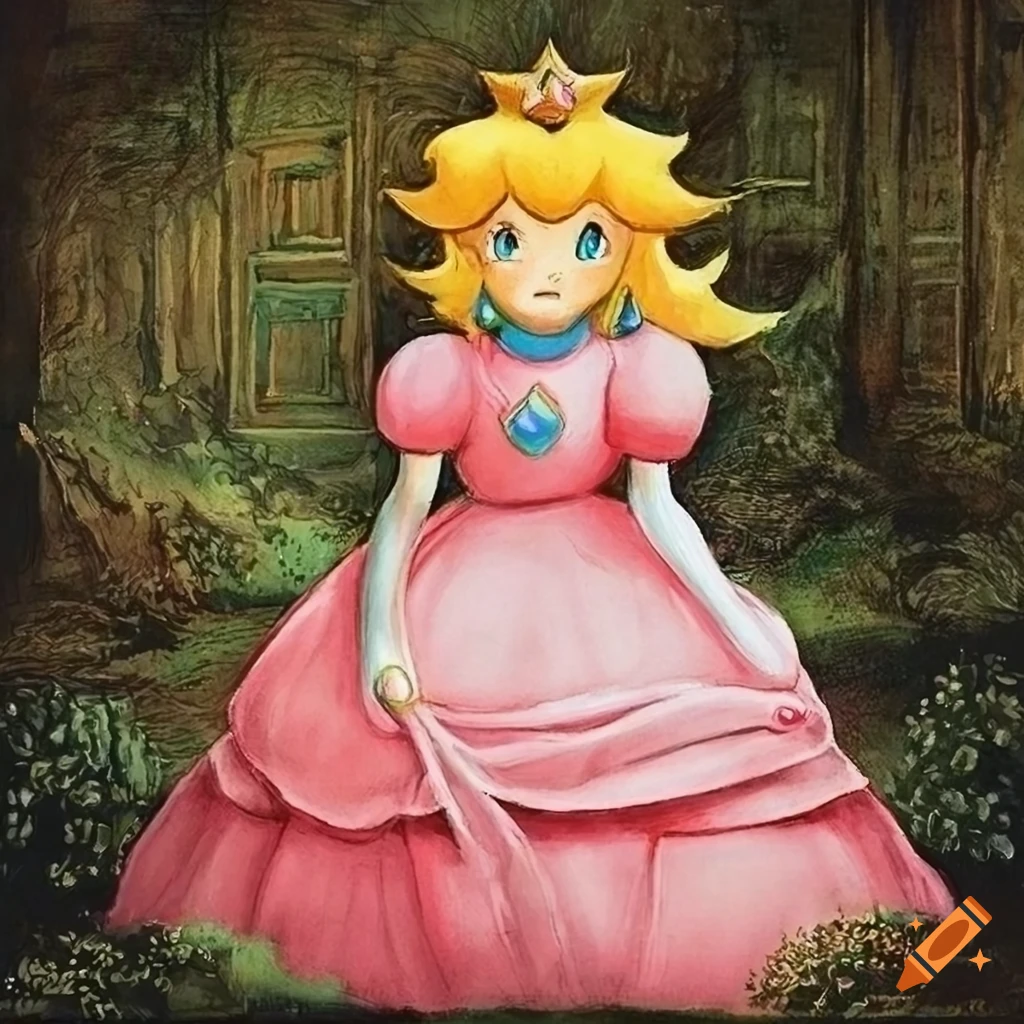 Full-length portrait of princess peach in storybook illustration style ...