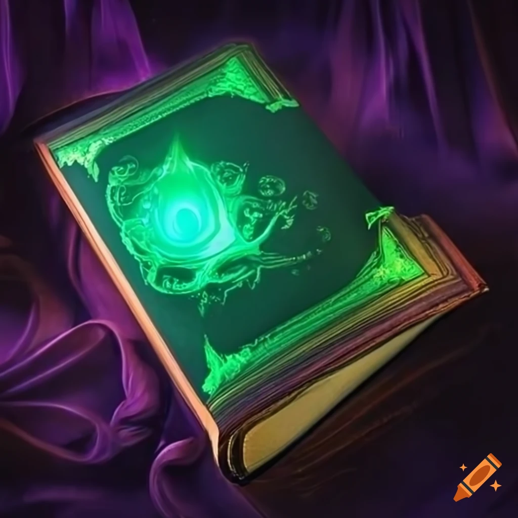 Fantasy magic tome book with green glow on black background on Craiyon