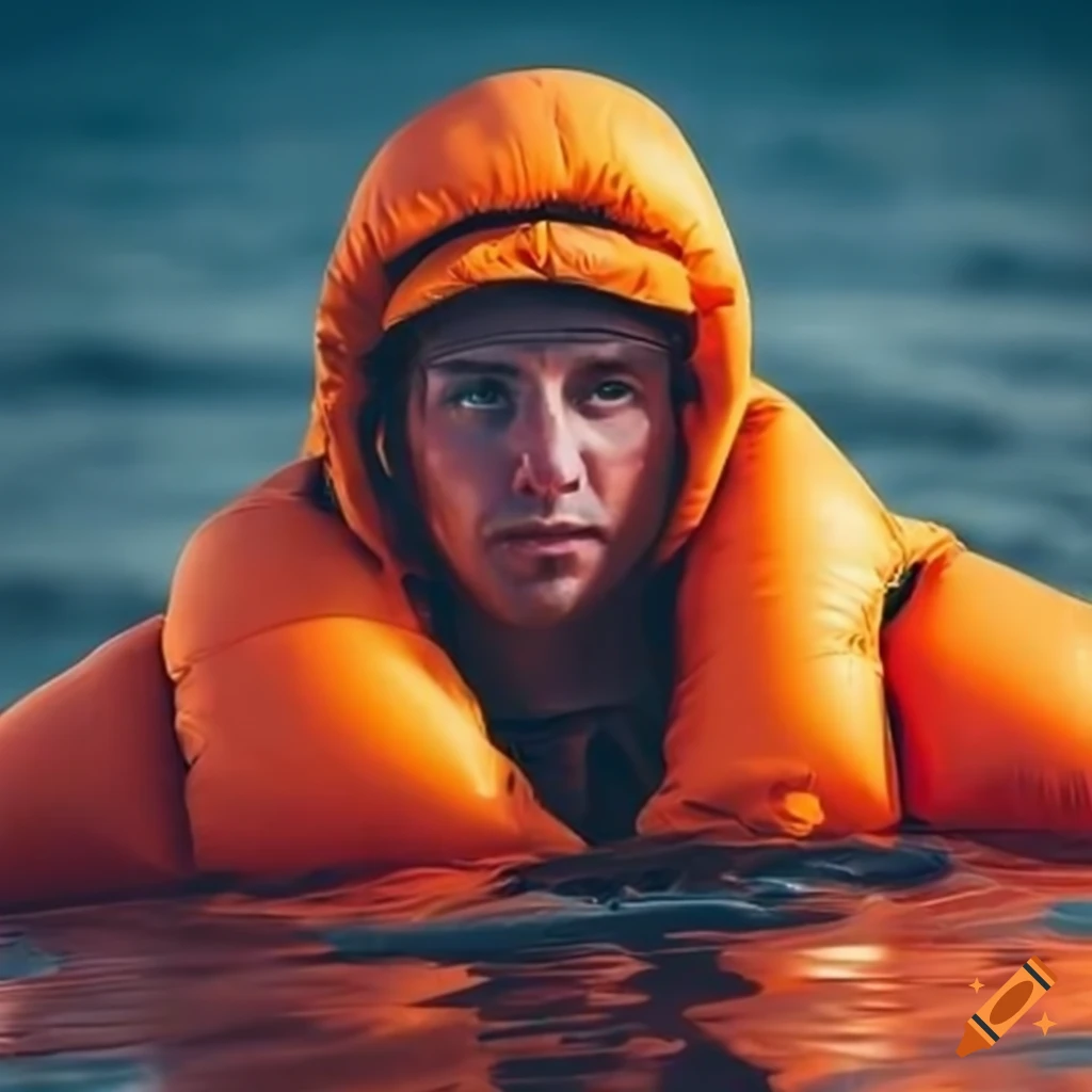 Man wearing inflatable down jacket and lifejacket in the water on Craiyon