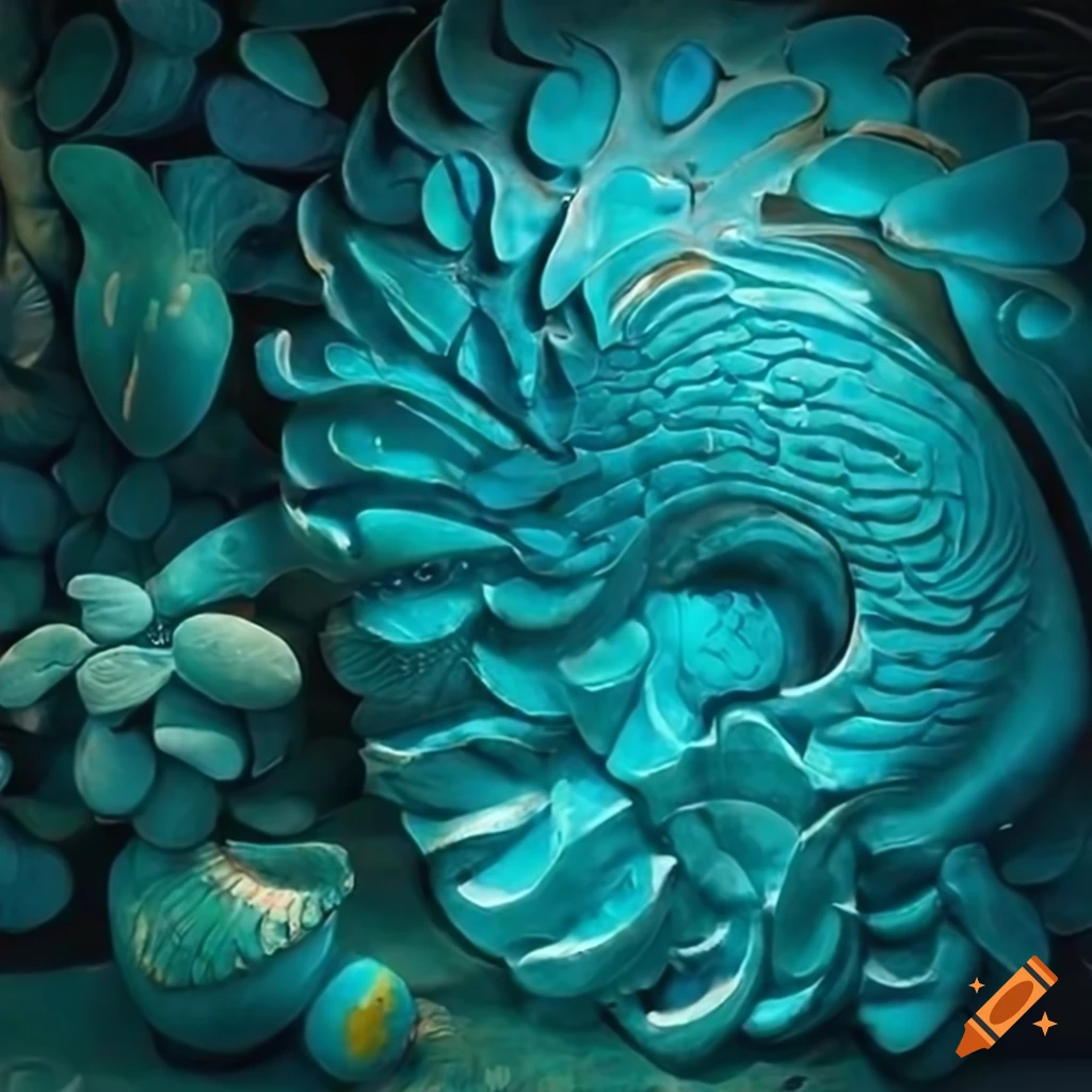 Extravagant turquoise fish sculptures on aqua wall frieze on Craiyon