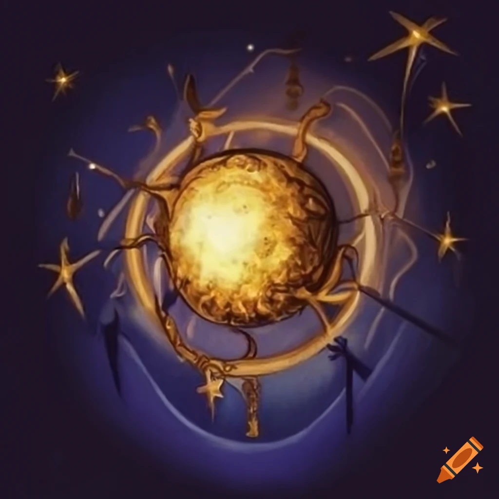 Gold orb flying in a medieval cathedral with starry windows on Craiyon