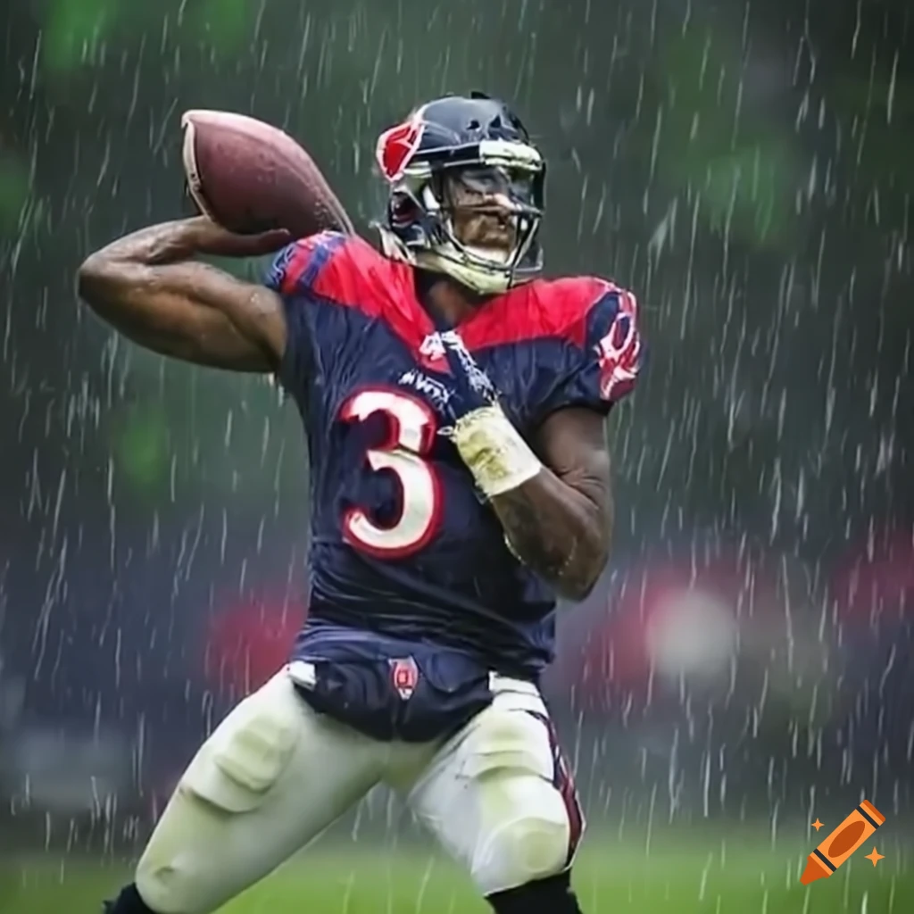 Cj stroud throwing football in the rain on Craiyon